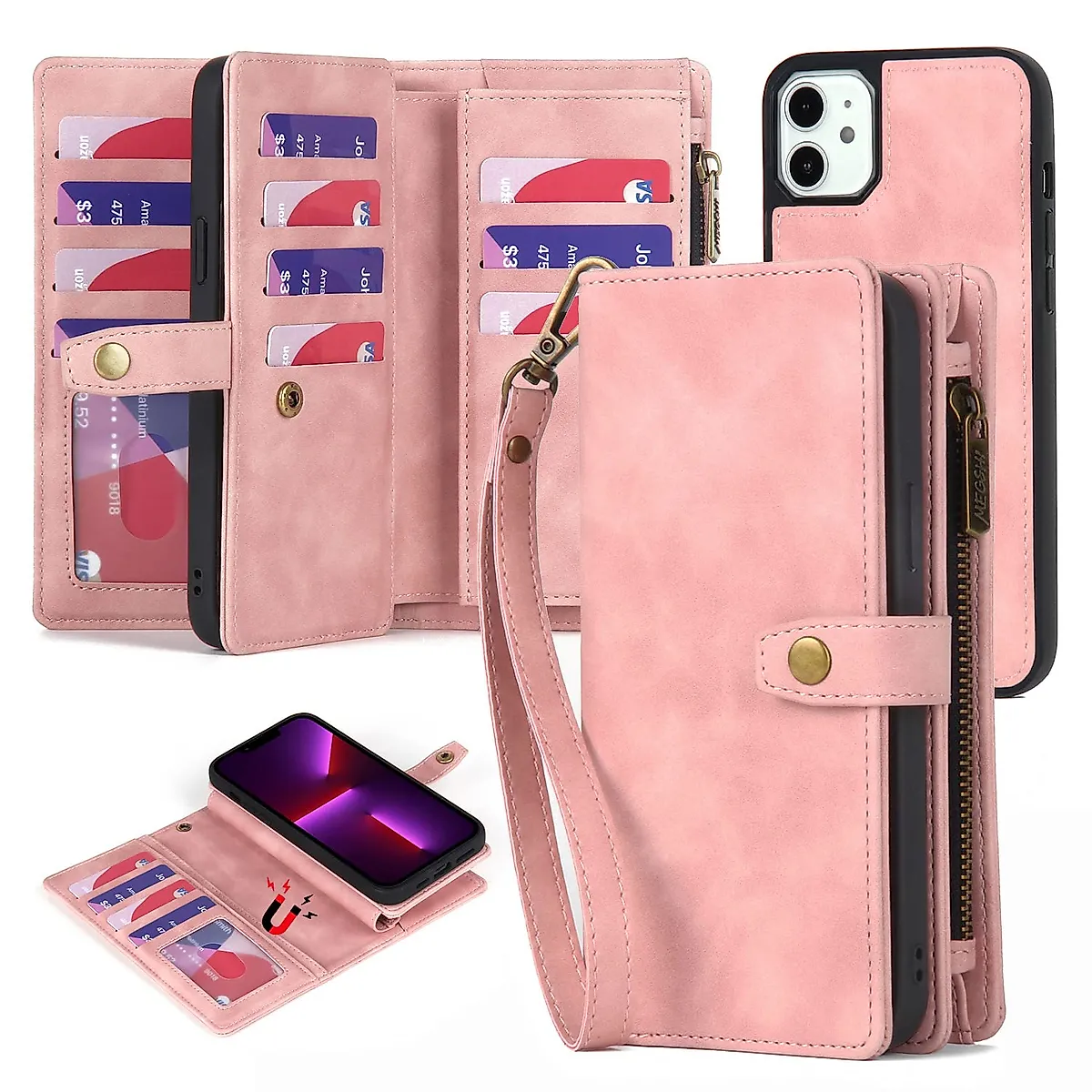 TwoHead for iPhone 11 Wallet case with Card Holder & Detachable Magnetic Phone case, PU Leather case Wallet for Women/Men,Wallet Phone Case (Pink)