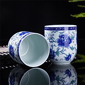 THY COLLECTIBLES Set Of 6 Eastern Asian Design Ceramic Tea Cups In Blue-And-White Peony - 8 OZ Capacity Each