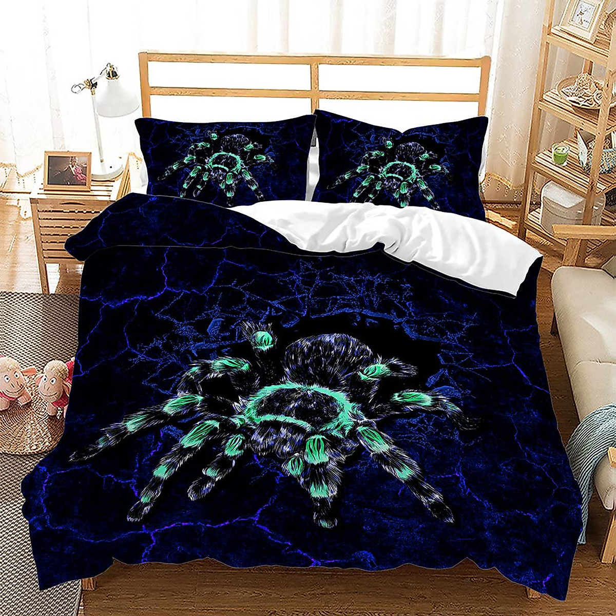 Boys Youth Green Galaxy Duvet Cover Set Twin for Kids Teens Owl Bedding Set 3D Safari Wildlife Comforter Cover Bird Animal Nighthawk Quilt Cover Decor Bed Cover