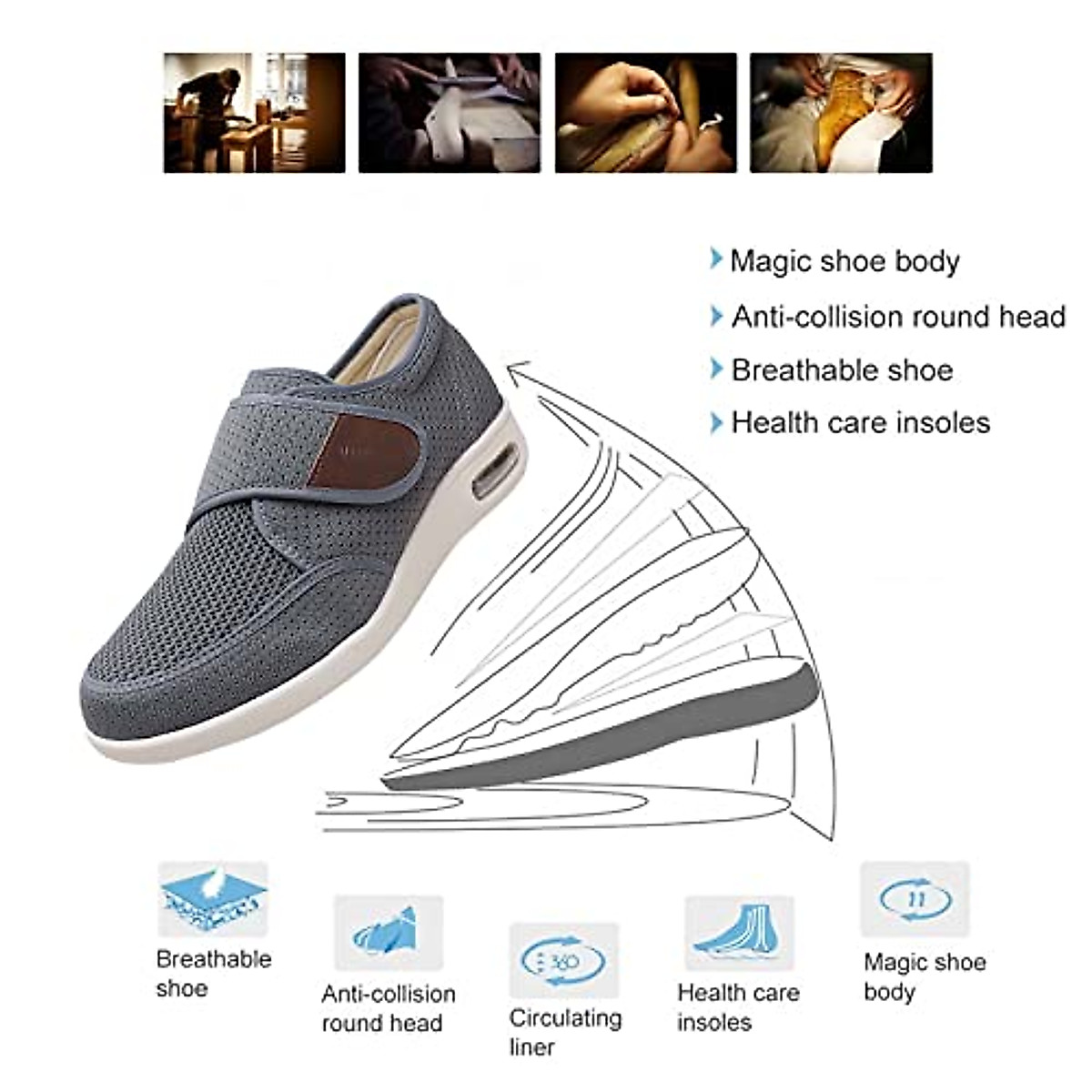 Ladies Slippers with Arch Support,Adjustable Strap and A Hook and Loop,Men's Diabetic Wide Fit Slippers,Suitable for Wide Or Swollen Feet,Grey▁42