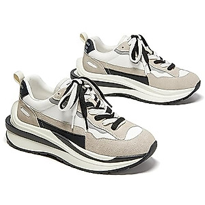 BEAU TODAY Sneakers for Women Casual Leather Platform Chunky Sneakers Comfortable Tennis Running Shoes Non-Slip Walking Shoes Womens Fashion Sneakers Grey US 7.5