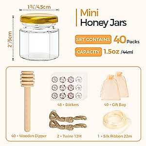 ComSaf Mini Honey Jars with Dipper 1.5oz - 40 Pack, Small Honey Glass Jar with Gold Lid, Tiny Hexagon Honey Jar in Bulk for Baby Shower, Wedding and Party Favors