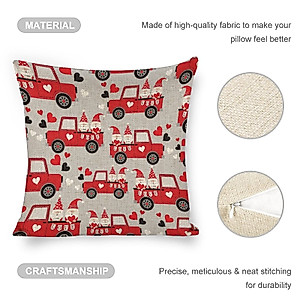 Valentine's Day Truck Throw Pillow Covers 18×18 Pillowcases Set of 2 Cute Gnome Heart Linen Decorative Square Pillow Case Cushion Covers Standard Size for Sofa Couch Outdoor Bed Pillow Protectors