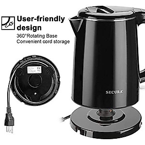Secura Stainless Steel Double Wall Electric Kettle Water Heater for Tea Coffee w/Auto Shut-Off and Boil-Dry Protection, 1.0L (Black)
