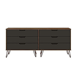 Manhattan Comfort Rockefeller Mid Century 6-Drawer Double Low Dresser with Metal Legs, Native and Rose Pink