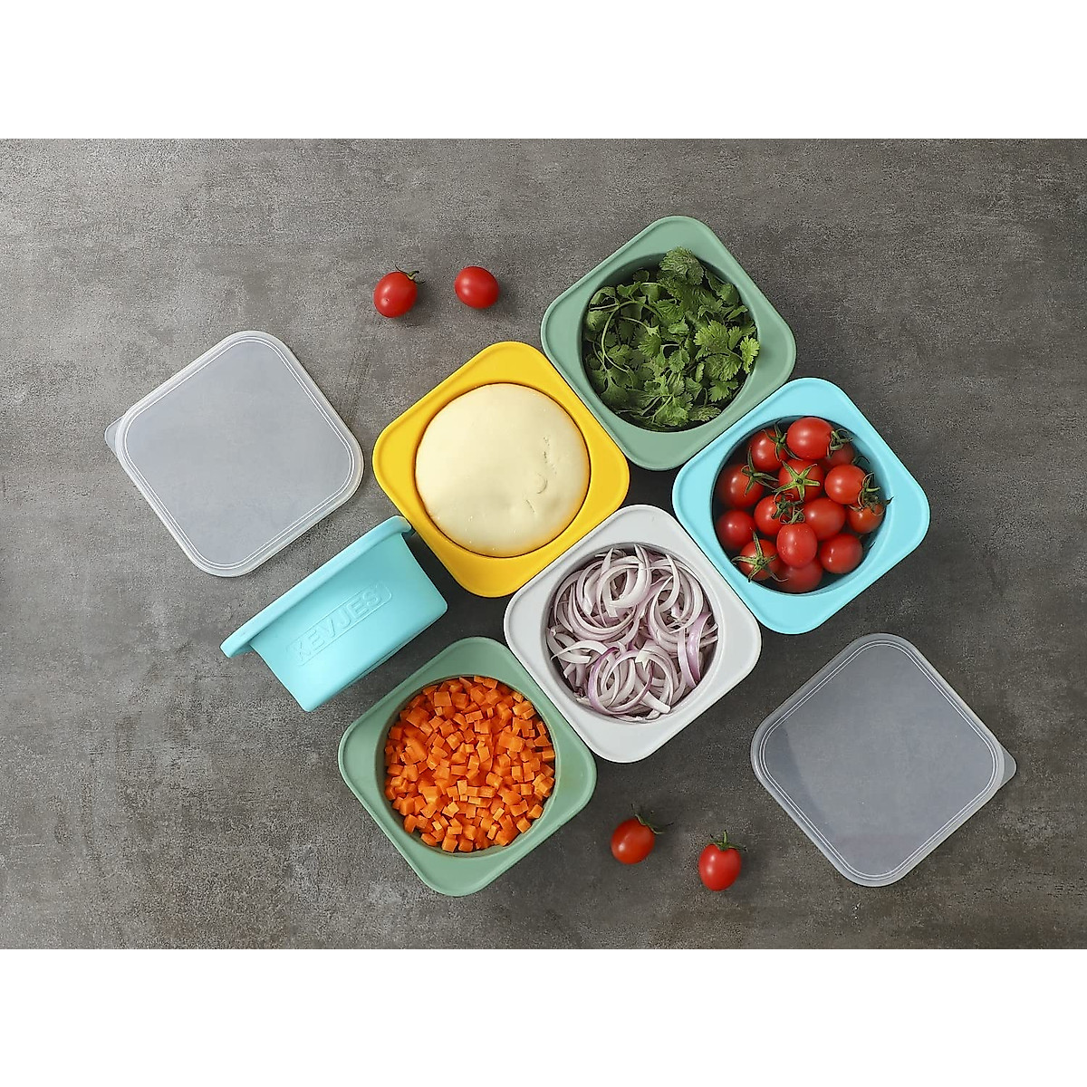 KEVJES Stackable Silicone Artisan Pizza Dough Proofing Proving Containers with Lids-3 pack-500ml portion (1Space Gray+1Green+1Yellow)
