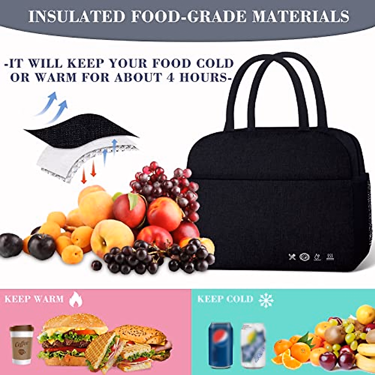 KUBYA Lunch Bag for Women Men Reusable Lunch Box Insulated Lunch Tote Bag for Work, School, Picnic or Travel - Black
