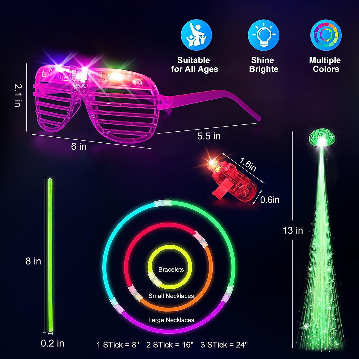 SHQDD158 PCS Glow in the Dark Party Supplies,14PCS LED Glasses, 30LED Finger Lights, 14LED Light Hairs and 100PCS Glow Sticks Bracelets, New year Party Favors for New Year, Wedding, Concert,Neon Party