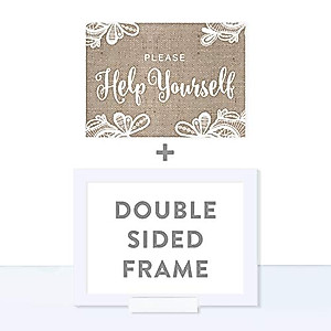 Andaz Press Wedding Framed Party Signs, Burlap Lace Printed Cardstock, 5x7-inch, Please Help Yourself Reception Dessert Table Sign, 1-Pack, Includes Frame