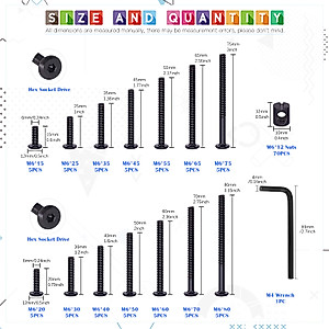 Glarks 141Pcs M6x15/ 20/25/ 30/35/ 40/45/ 50/55/ 60/65/ 70/75/ 80mm Baby Bed Crib Screws Hardware Replacement Kit, Black Hex Socket Cap Bolts Screws and Nuts Assortment Kit with a Allen Wrench