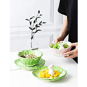 Espicades Cabbage Series Cartoon Ceramic Dinner Bowl&Plate with Spoon Set-Pink/Green(1 Bowl+1 Plate+1 Spoon) Set of 3