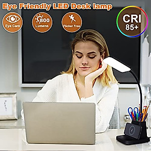 Vicsoon Desk Lamp with Wireless Charger, LED Desk Lamps for Home Office, 800 Lumens, Small Desk Lamp with Pen Holder, Flexible Arm, 3 Modes, Dimming, Touch Lamp for College Dorm Room, with Adapter