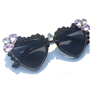 willochra Heart shaped Rhinestone Sunglasses Women Fashion Diamond bling party Sun Glasses Crystal Shades (black)