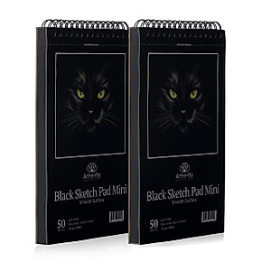 Art-N-Fly Black Sketch Pad Mini 5.5x8.5" 2 Pack - Black Paper Sketchbook for Drawings, Perforated Edge on Spiral 100 Sheets Total - Art Sketch Book for Coloured Pencils, Graphite, Pastels & Gel Pens