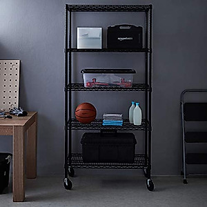 AmazonCommercial Heavy-Duty 5-Tier Steel Wire Shelving with Optional Wheels, NSF Certified, Black, 36" W x 18" D x 72" H (76'' H with wheels)