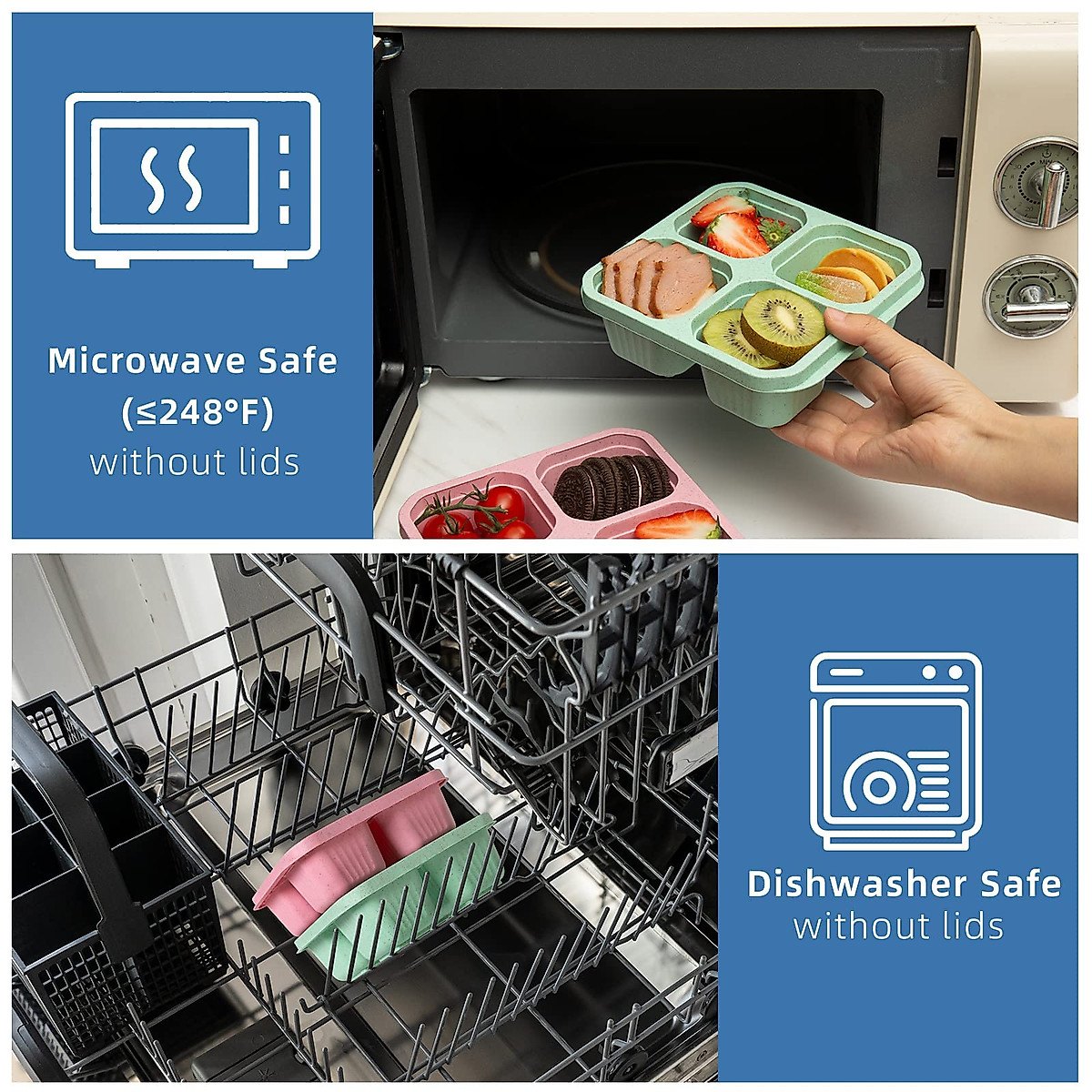 DESLON 6 Pack Snack Containers for Adults Kids, 4 Compartment Bento Snack Box, Reusable Meal Prep Lunch Containers with Compartment, Divided Small Snack Containers Bento Box for Travel Work