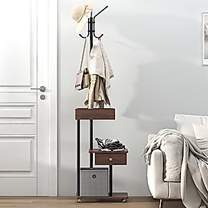 soges Coat Rack and Nightstand, Brown Wooden Nightstands with One Drawer and One Non-woven Basket, Metal Coat Rack for Bedroom, Living Room