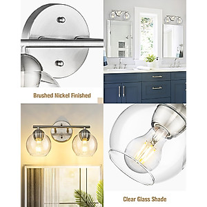 Emak Brushed Nickel Vanity Lights, 2-Light Bathroom Light Fixtures with Clear Glass Shade, Modern Globe Vanity Light for Bathroom, VL114-BN-2