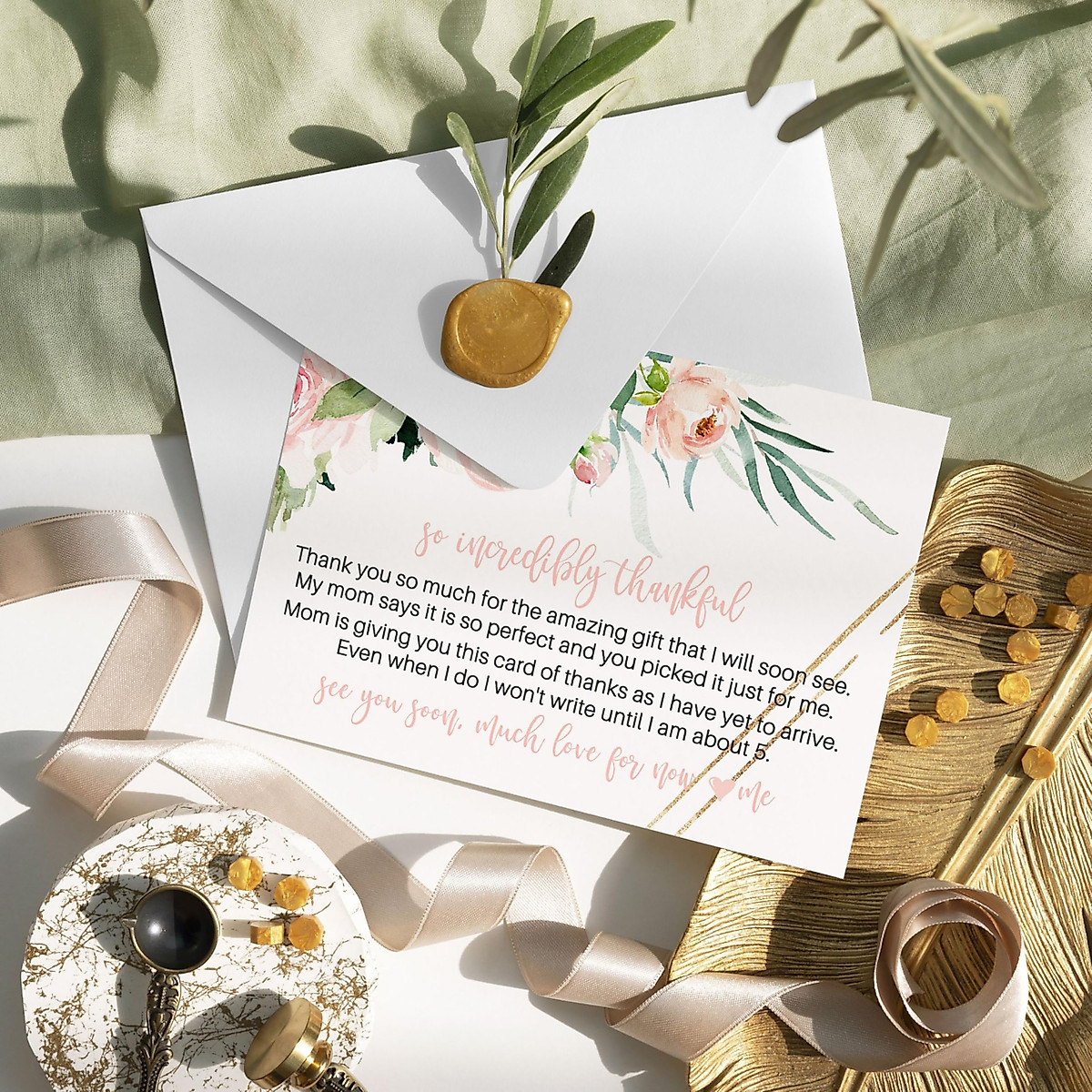 Paper Clever Party Graceful Floral Baby Shower Thank You Cards with Envelopes - 25 Pack - 4x6 Blank Notes with Prefilled Message from Baby Girl - Blush and Greenery Design