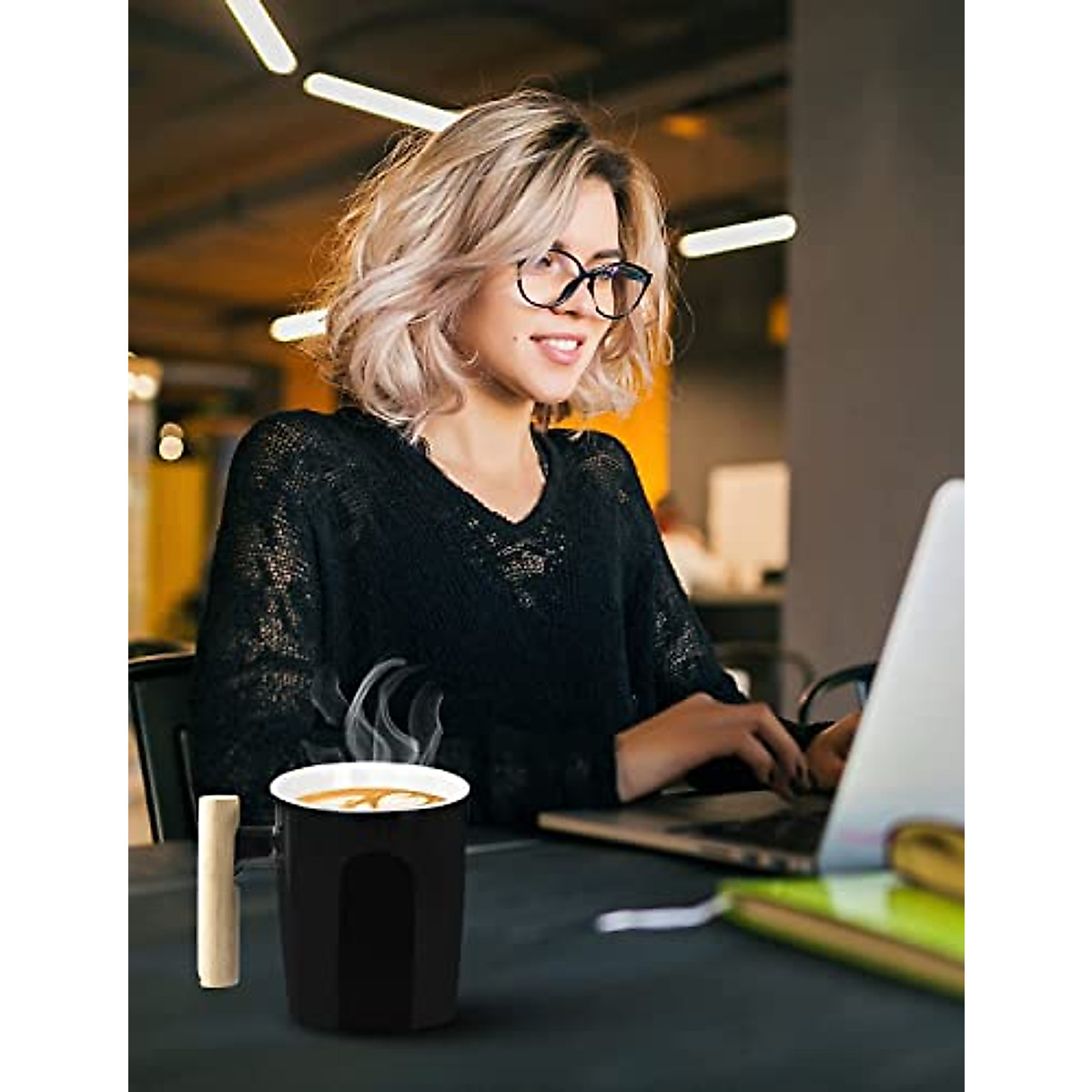 HOWAY Flat Bottom Mug with Wood Lid, Ceramic Tea Cup for Coffee Warmer, Flat Bottomed, Wooden Handle, 14oz