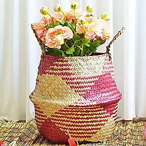 Seagrass Storage Basket Foldable Sundries Basket Handmade Rattan Woven Flower Basket Plant Pot Storage Organizer Home Supplies Red L