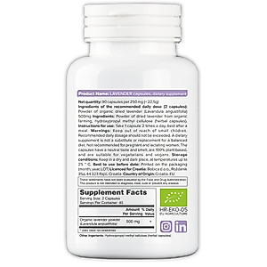Bobica Premium European Organic Lavender Capsules, Helps Reduce Stress, Calming, GMO Free, Gluten Free, All Natural, 250 mg, 90 Vegan caps