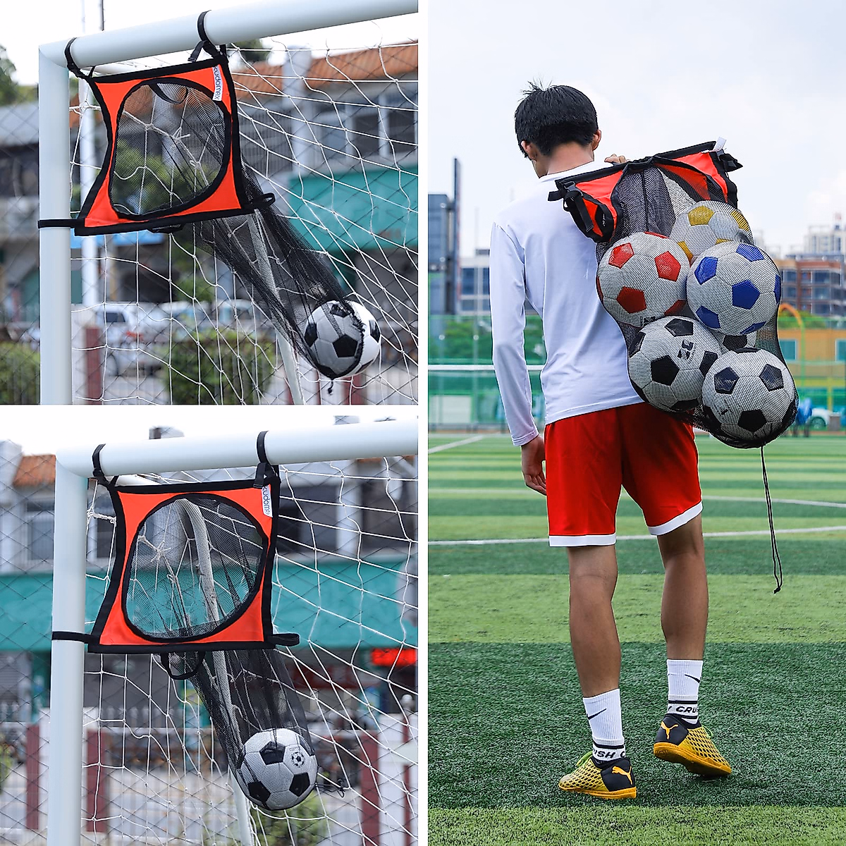 Soccer Target Goal Net and Soccer Ball Bag: 3 in 1 Top Bins Target Goal and Equipment Bag, Multi-Sport Target Net Easy to Attach and Detach to The Goal for Shooting Accuracy Training