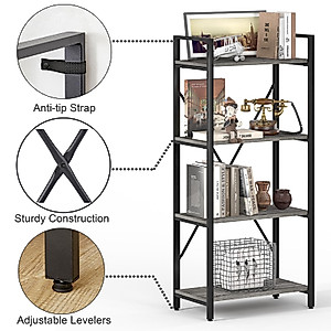 BON AUGURE Industrial 4 Tier Bookshelf, Modern Open Etagere Bookcase, Wood Metal Book Shelves for Living Room, Bedroom and Office (Dark Gray Oak)