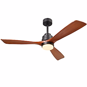 ALUOCYI Outdoor Wood Ceiling Fan with Lights and Remote, 52 inch, 3 Solid Wood Blades,Noiseless Reversible DC Motor Low profile Ceiling fans for Living room, Bedroom, kitchen, Patio, F3601, Brown