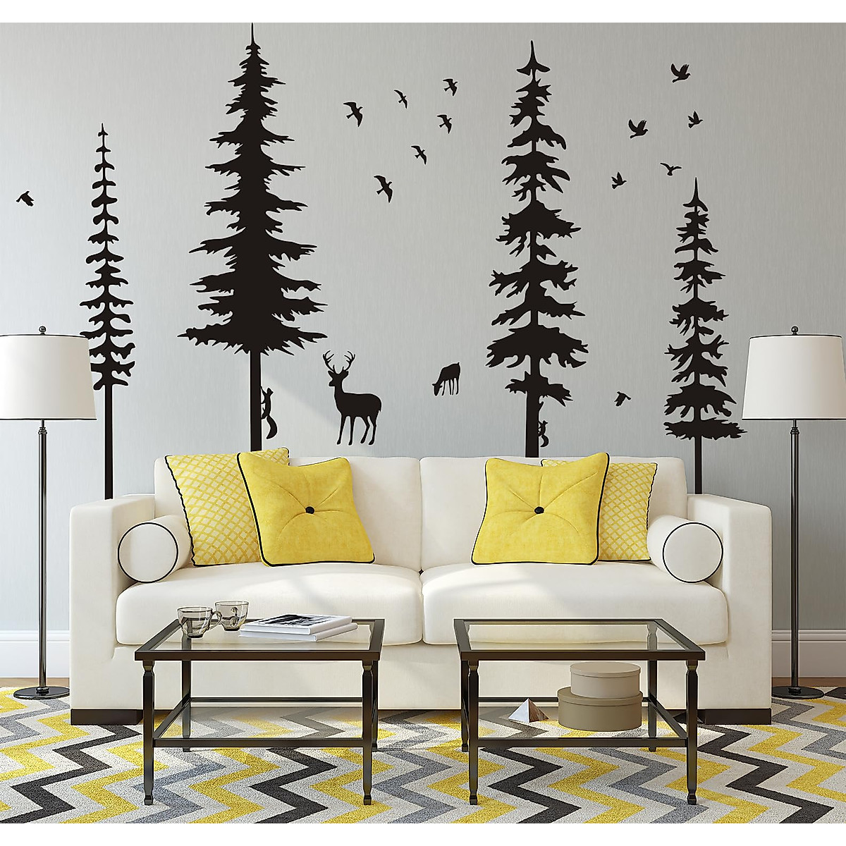 Pine Tree Wall Decals Woodland Vinyl Wall Sticker Forest Wall Decals with Animal Wall Stickers Squirrels Deers Wall Stickers for Kids Nursery Children Room Living Room Wall Decoration (Black)
