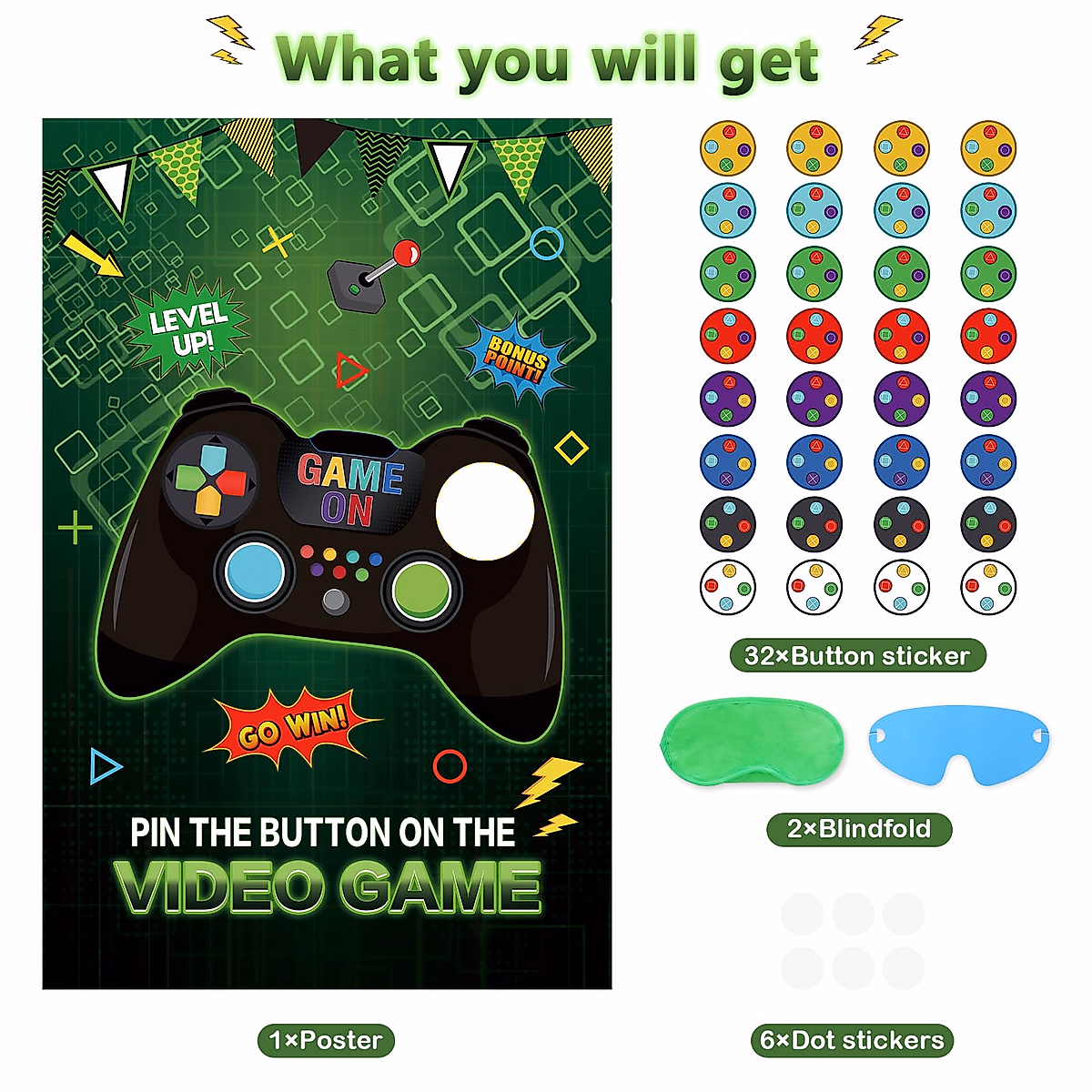 Waenerec Pin The Button on The Video Game with 32PCS Video Game Stickers 20’’ X 28’’ Video Game Party Favors Poster for Kids Wall Home Room Video Game Birthday Party Decorations Supplies