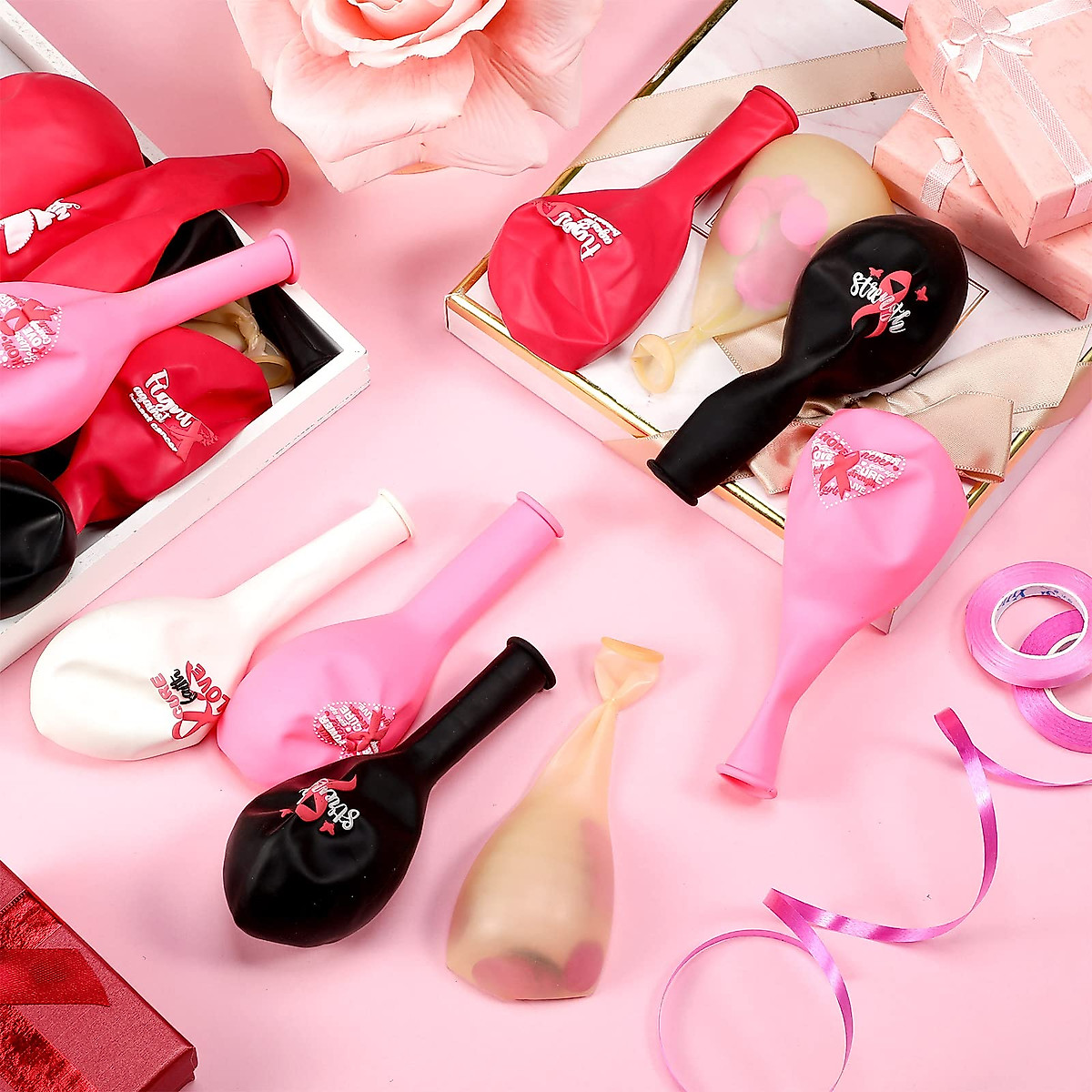 60 Pieces Breast Cancer Awareness Balloons, Pink Ribbon Latex Balloons Breast Cancer Party Decorations Transparent Confetti Glitter Balloons for Pink Ribbon Walk Charity Theme Party Supplies,12 Inch