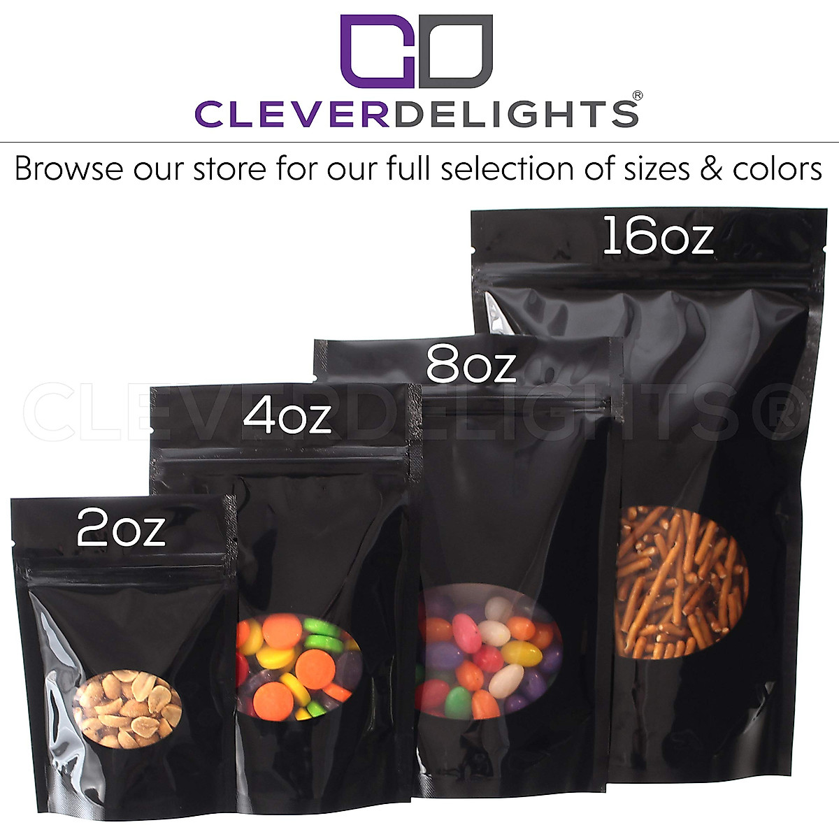 CleverDelights Glossy Black Window Stand Up Pouches - 4oz - 100 Pack - 5" x 8" x 2.5" - Resealable Bag