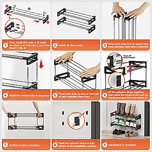 DEYILIAN Small Shoe Rack, 2 Tier Narrow Shoe Rack with Hook and Loop Sticky Adhesive Strips Wall Mounted Shoe Rack, Slim Shoe Rack Space Saving Design Behind the Door Wall Shoe Organizer for RV Closet