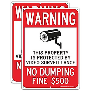 Warning No Dumping Fine $500 Sign, This Property Is Protected By Video Surveillance Sign, 14 x 10 Inches .040 Rust-Free Aluminum, UV Protected, Weather Resistant, Durable Ink, Easy to Mount (2 Pack)