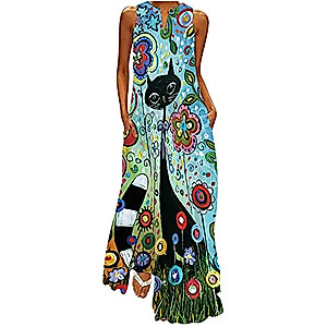 Maxi Dress for Women Summer,Women's Casual Loose Elegant Long Dress Sleeveless Split Beach Floral Dresses with Pockets,Womens Casual Dress
