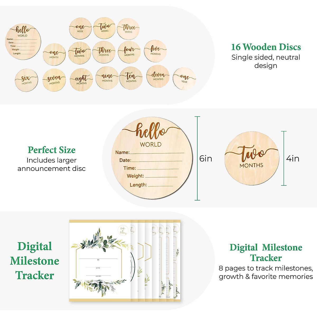 DECLAN & DELANEY Monthly Baby Milestone Cards | 16 Wooden Milestone Discs, Includes Boy/Girl Birth Announcement Sign | Baby Monthly Milestone Props Perfect for Newborn to Age 1 | Baby Shower/Gift Set