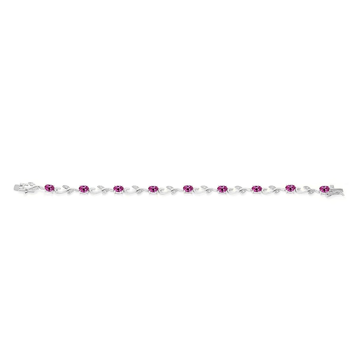 Gem Stone King 925 Sterling Silver Pink Created Sapphire and Diamond Greek Vine Tennis Bracelet For Women (4.63 Cttw, 7 Inch, Oval 6X4MM)