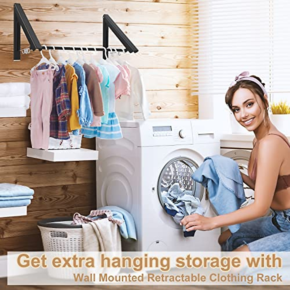 HOME RIGHT Clothes Drying Rack Folding with 32" Rod, Wall Mounted Drying Racks for Laundry, Foldable Laundry Dryer Hanger, Collapsible Clothing Rack for Laundry Room, Black