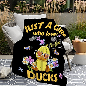 Just A Girl Who Loves Ducks Personalized Blanket Cute Duck Custom Name Throw Blankets Gifts for Girl Boys Flannel Fleece Cartoon Kawaii Animal Customized Blankets for Kids Lap Chair Bed 50x40In