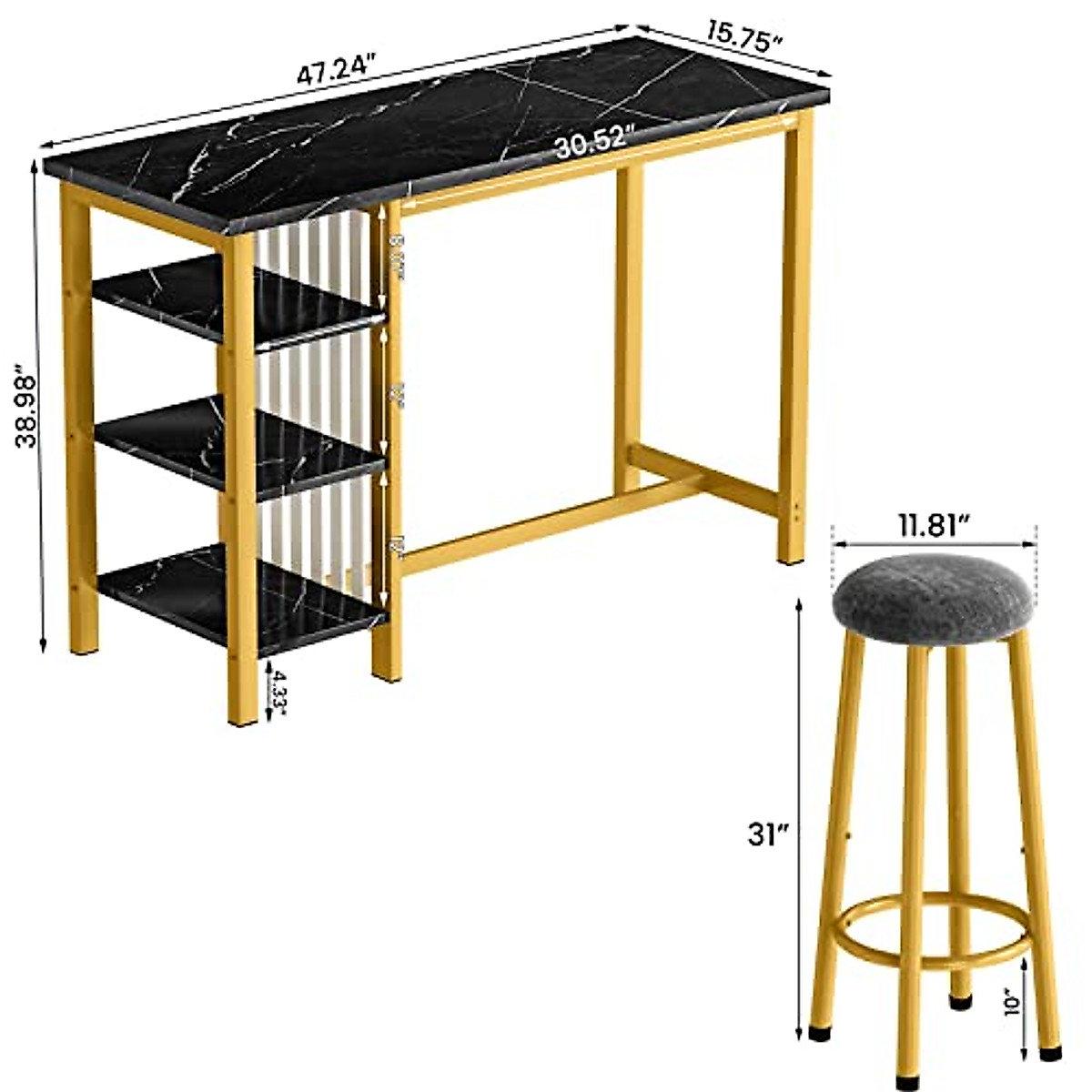 AWQM Bar Table Set with Storage Shelves, 47" Modern Black Faux Marble Breakfast Table with 2 Velvet Stools, 3-Piece Dining Set for 2, Space Saving Table for Kitchen/Dinning Room/Living Room/Studio