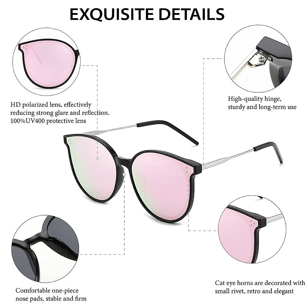 Dollger Polarized Cat Eye Sunglasses for Women Trendy mirrored Oversized UV Protection Fashion 90s Sunglasses PINK Shades