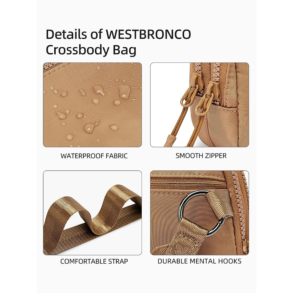 WESTBRONCO Small Crossbody Bags for Women Nylon with Adjustable Strap, Mini Crossbody Purse, Fahion Shoulder Bag for Traveling Workout Brown
