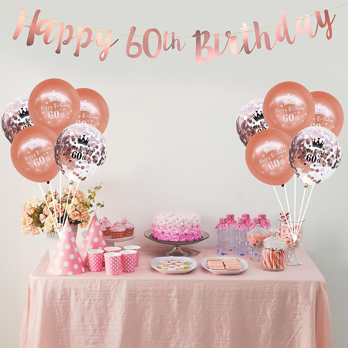 Happy 60th Birthday Banners Women, Rose Gold 60th Birthday Decorations Kit with Happy 60th Birthday Banner Bunting 12Inch Happy 60th Birthday Confetti Balloons for 60th Birthday Party Supplies