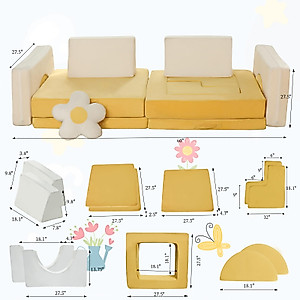 Ordicoeur Modular Kids Play Couch,12PCS Child Sectional Sofa, Climbing Couch Toddler Playroom Couch,Yellow&Beige Convertible Foam and Floor Play Sofa for Boys and Girls