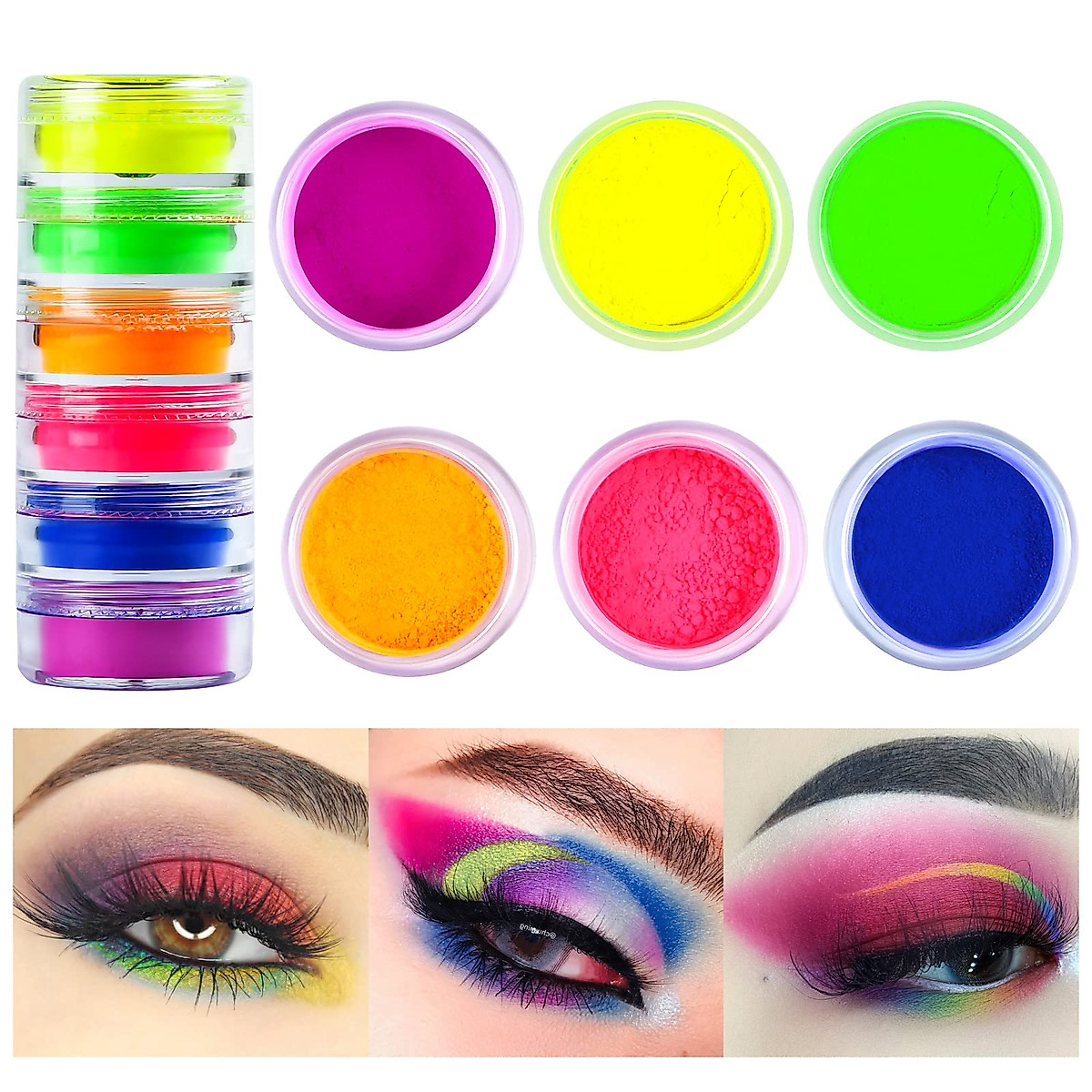 Beteligir 6 colors Neon Pigment Eyeshadow Powder, FindinBeauty UV Glow Blacklight Mixed Bright True Colors Eye Shadow Pigments, Neon Pigment Eyeshadow Powder for Christmas Face Body Makeup