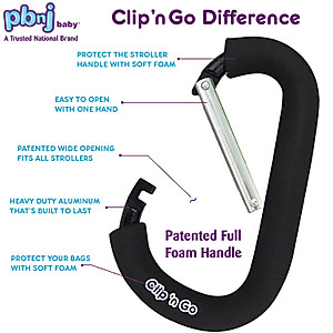 PBnJ baby Stroller Hooks for Hanging Diaper Bags - Mommy Stroller Clip and Stroller Accessories Organizer Hook - Large Carabiner Clips for Mom Purse Shopping Grocery Bag and Accessory - (1 Pack)