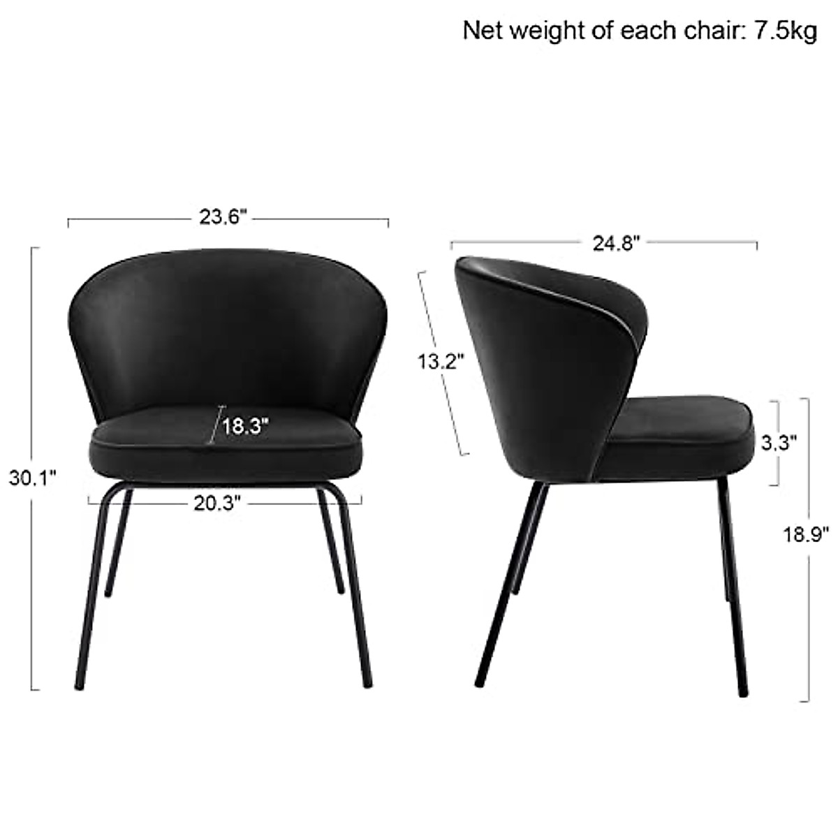 ONEVOG Black Velvet Dining Chair, Upholstered Chair with Upholstered and Wingback, Set of 2 Accent Chairs for Kitchen, Dining Room, Living Room Chairs