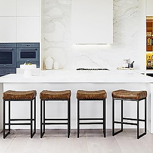 LUE BONA Counter Height Bar Stools 24" Square Saddle Barstools Set of 4, Modern Backless Faux Leather Counter Stool with Black Metal Legs for Kitchen Island Counter, Home Bar, Bistro, Yellowish Brown