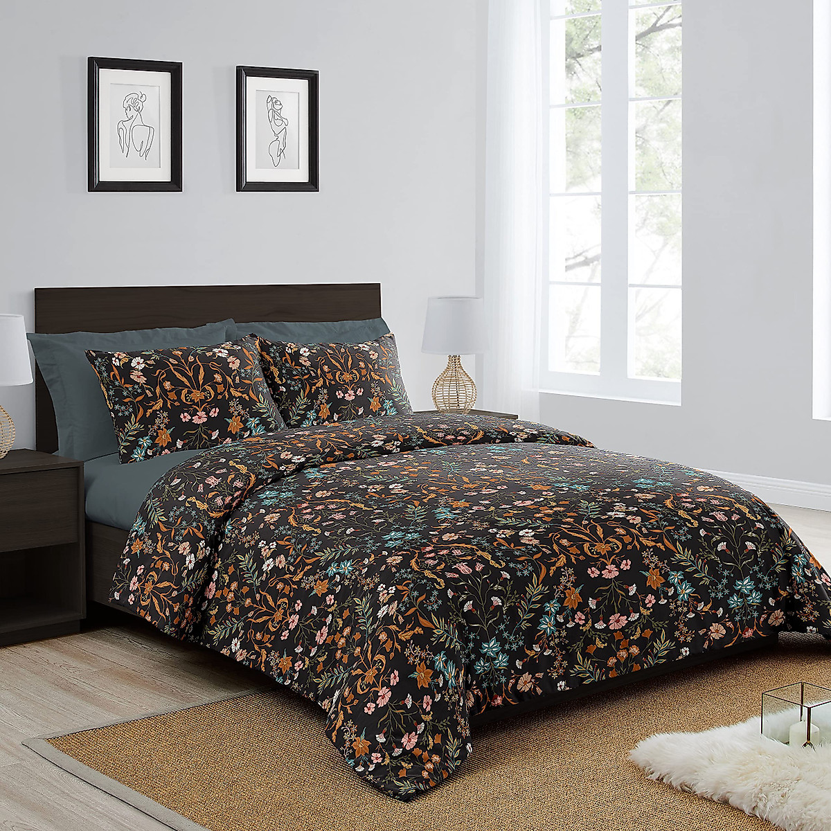 Sweet Jojo Designs Boho Bohemian Farmhouse Black and Orange Wildflower Garden Floral Duvet Comforter Cover and Sham 3pc King Size Bed Bedding Set Bedroom Botanical Cottagecore Flower Vintage Turquoise